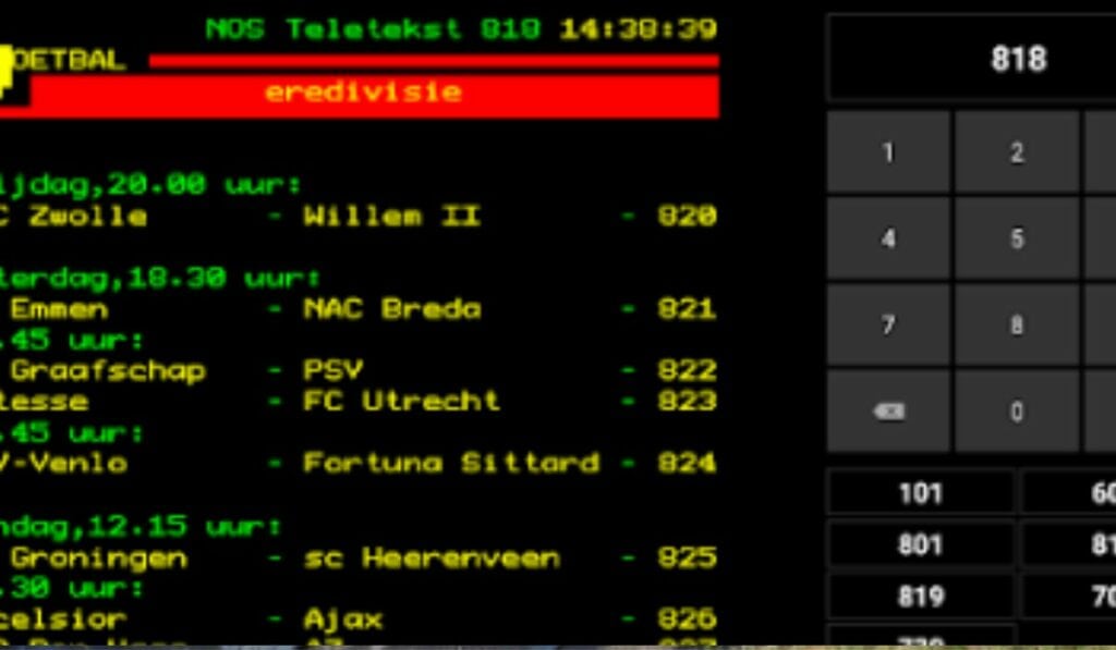 Teletekst Nummers: Nieuws (101), Sport (818), Verkeer (801)